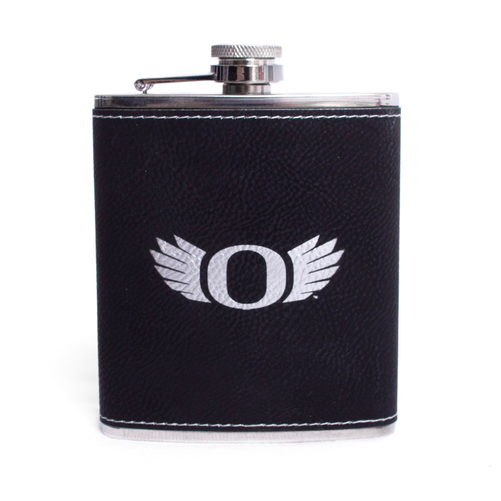 Black Timeless Etching Leather 7oz Silver O Wings Flask