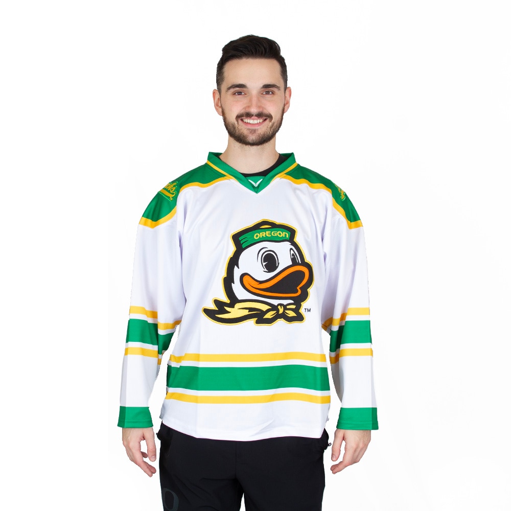 White UO Ducks Hockey Authentic 26 Duck Face Hockey Jersey